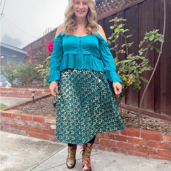 LuLaRoe | Skirts | Lularoe Jill Teal Gold Pleated Skirt L | Poshmark
